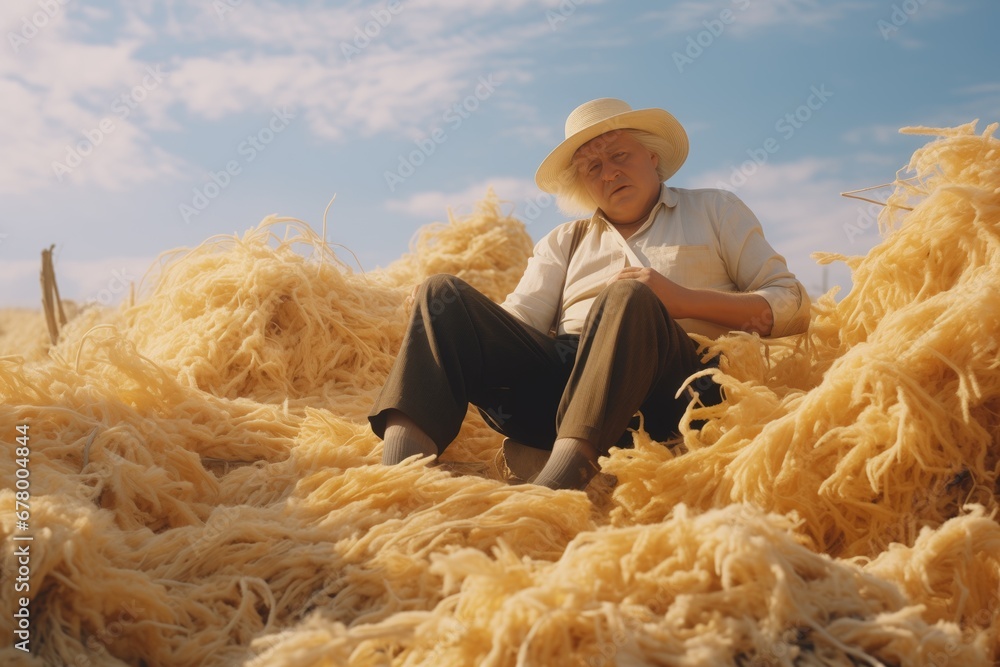 A meme template. Noodles. An old farmer sitting on the heap, a pile, of ...