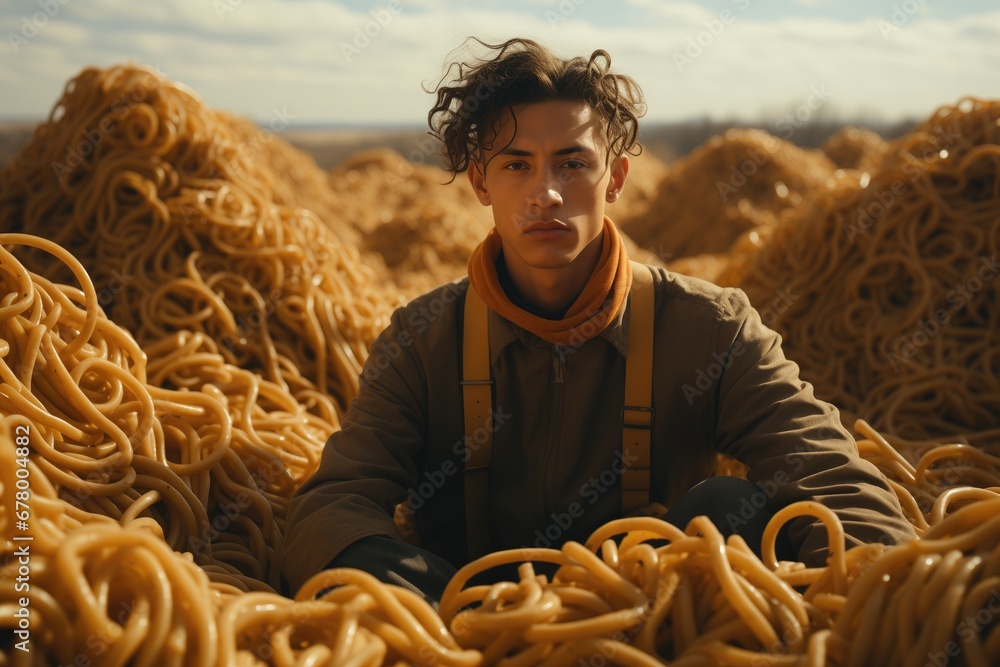 A surreal image of a young man with somber face expression sitting in ...