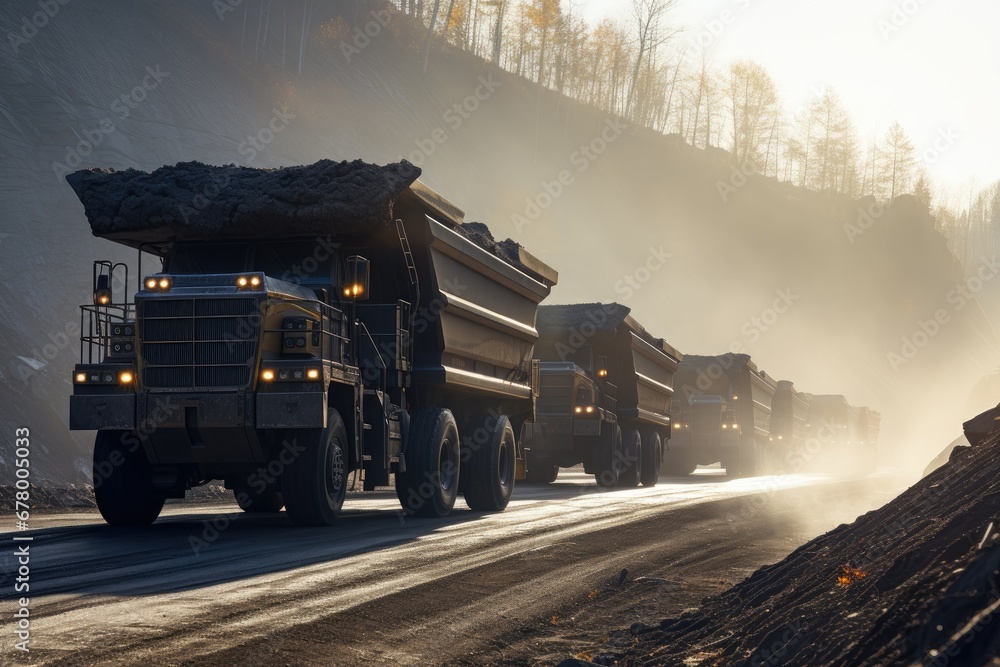 Large trucks loaded with coal pass through the mining area under the ...