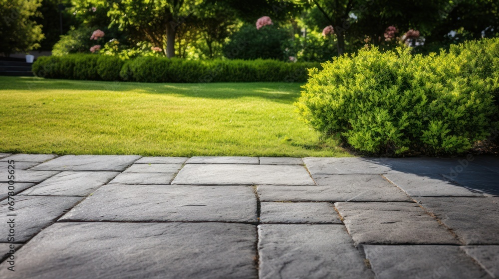 Garden landscape design with pathway intersecting bright green lawns ...