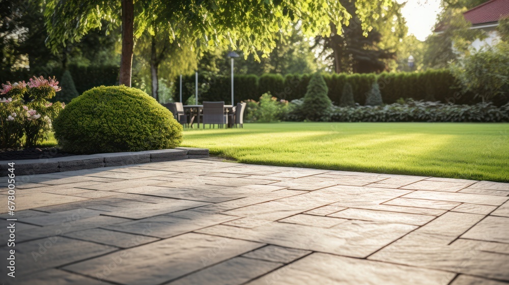 Garden landscape design with pathway intersecting bright green lawns ...