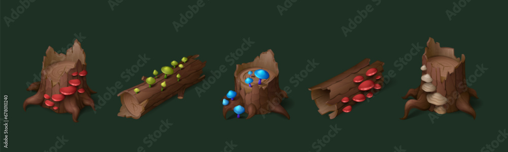 Cartoon tree stump and log with moss and fantasy bright glowing ...