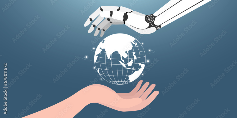 Human hands and AI robot hands holding the planet earth. artificial ...