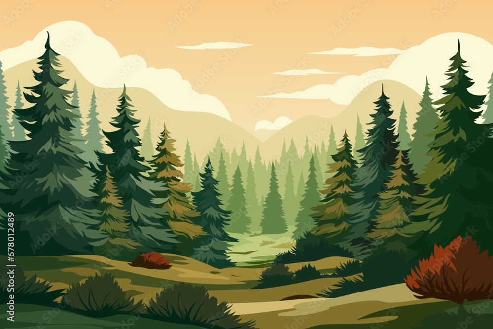 Beautiful landscape of coniferous forest with plants and shrubs. A ...