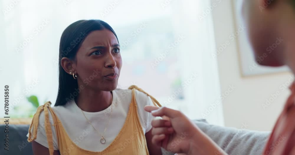 Face of angry woman, man and fight in home with divorce, stress or ...