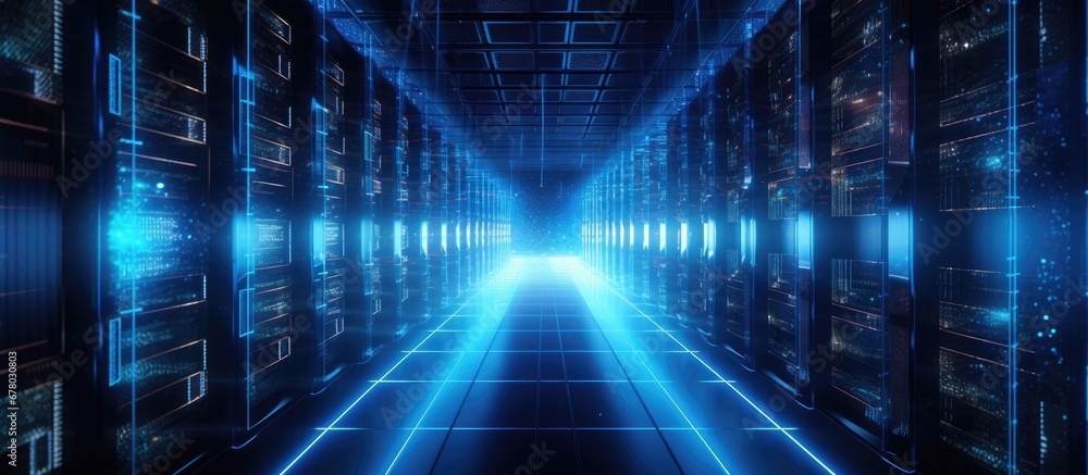 Data center s corridor with full rack servers supercomputers and blue ...