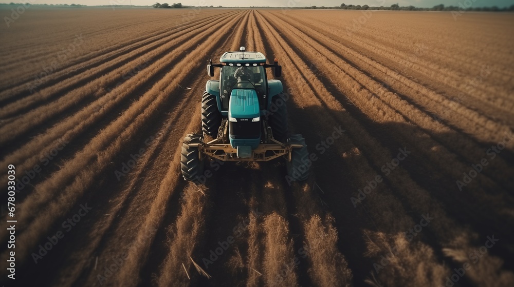 top view Tractor plowing field between corn field,Wheels covered in mud ...