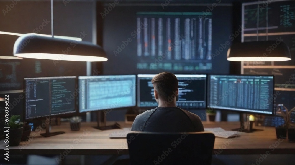 Capture the atmosphere of a programming and coding workspace, featuring a developer at a ...