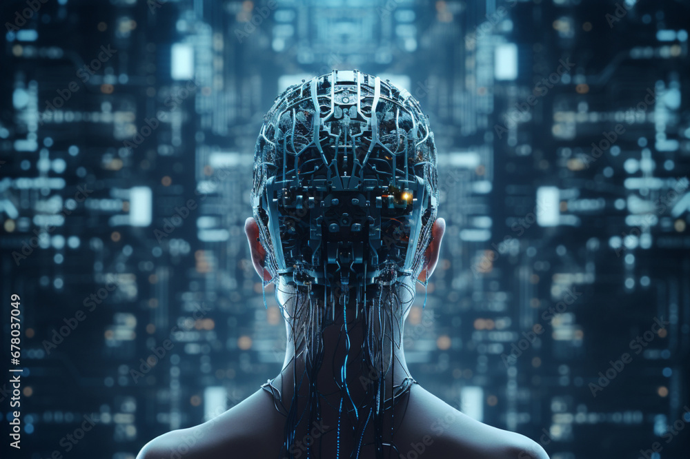 back view of circuit on human head and technology room background ...