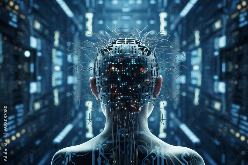 back view of circuit on human head and technology room background ...