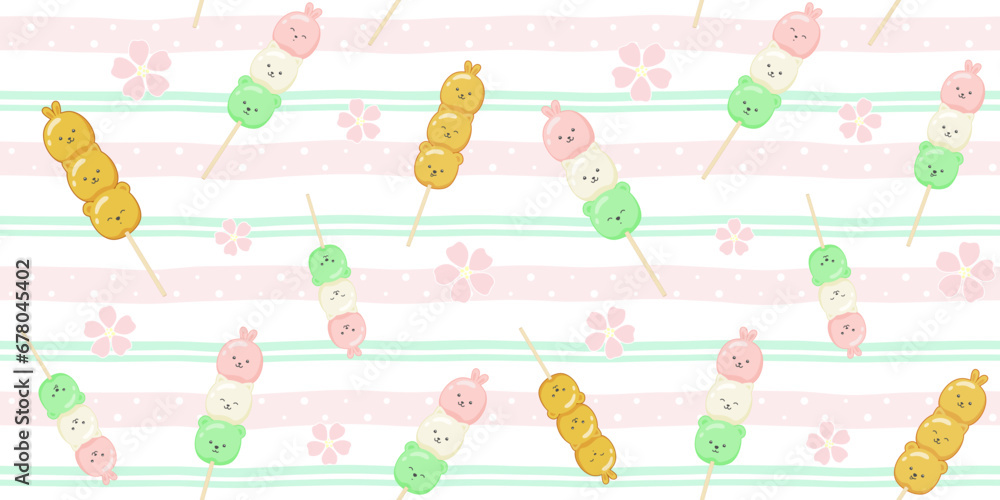 Three color Dango and Mitarashi Dango in the form of cute animals on a ...