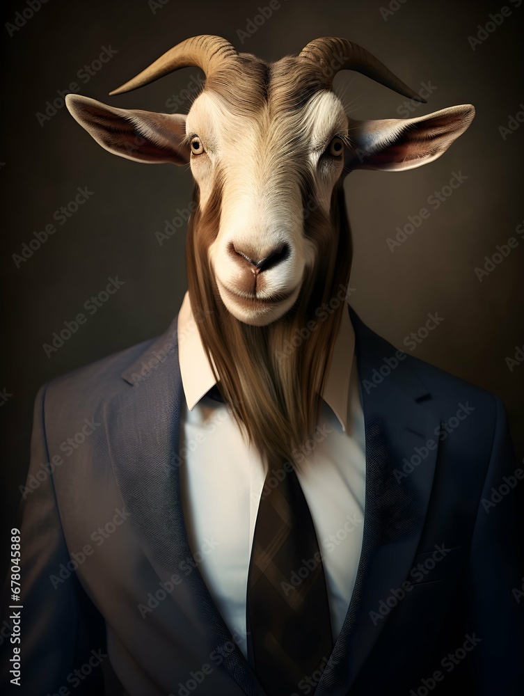 goat dressed in a casual suit with nice tie. Fashion portrait of an ...