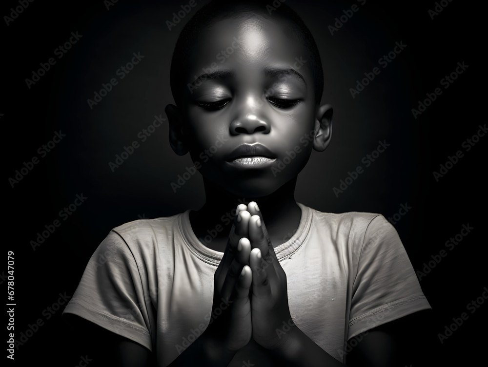 Black and white studio portrait of a young african child praying ...