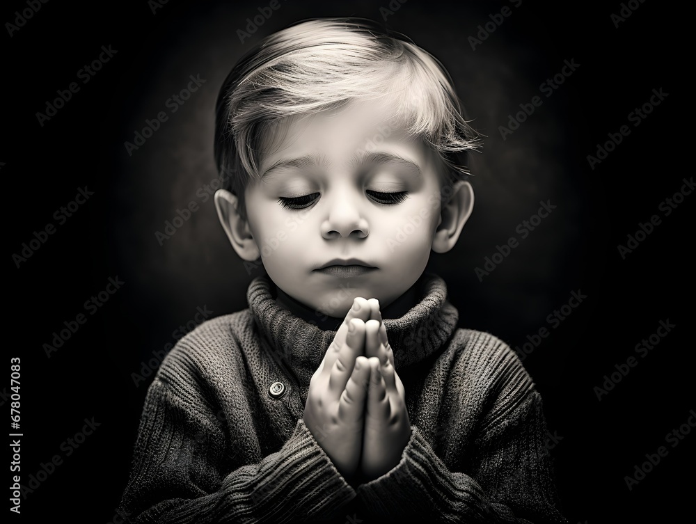 Black and white studio portrait of a young child praying. Generative AI ...