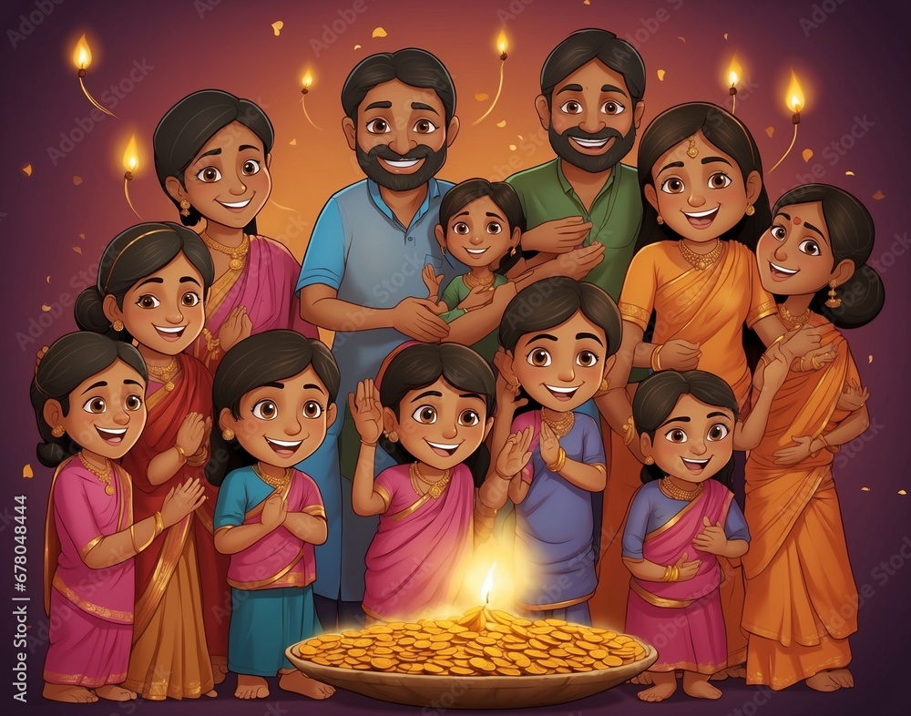 Happy Indian family celebrating diwali festival of lights cartoon ...