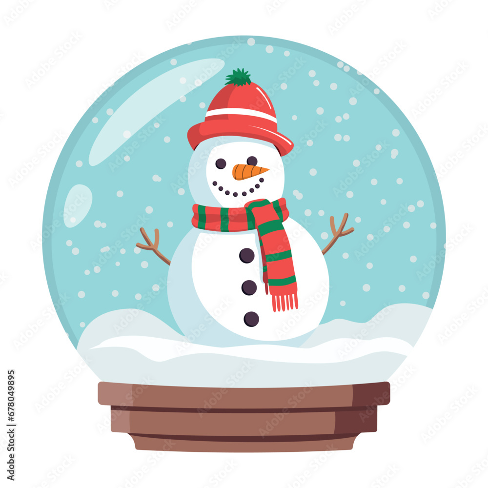 Cartoon Snow globe with Snowman in a red scarf and hat. Vector ...