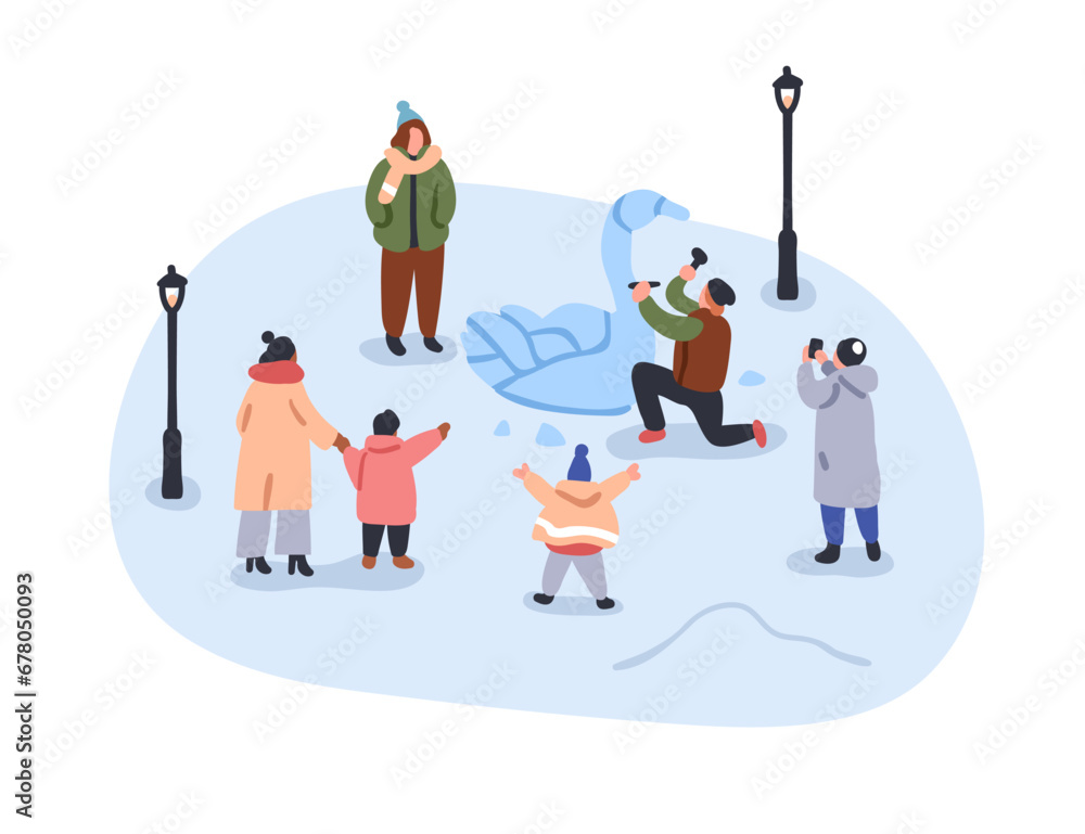 Sculptor making ice sculpture, carving frozen swan statue on cold ...