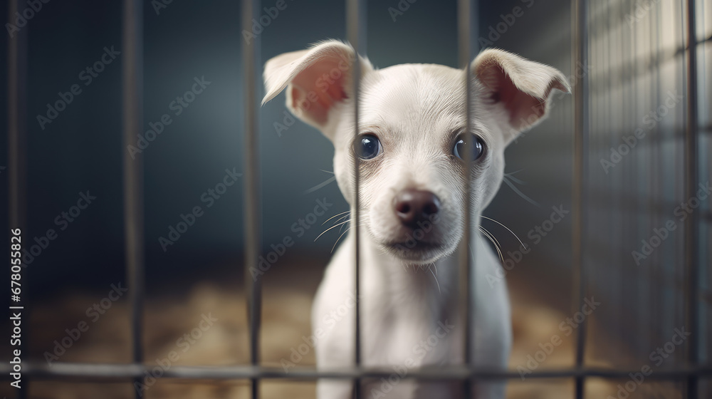 Sad dog look into camera through the bars of the cage. Dog shelter ...