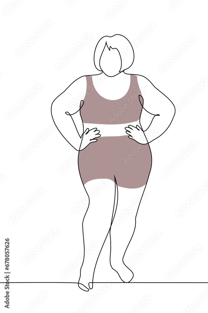 plus size woman stands full length in underwear - one line art vector ...