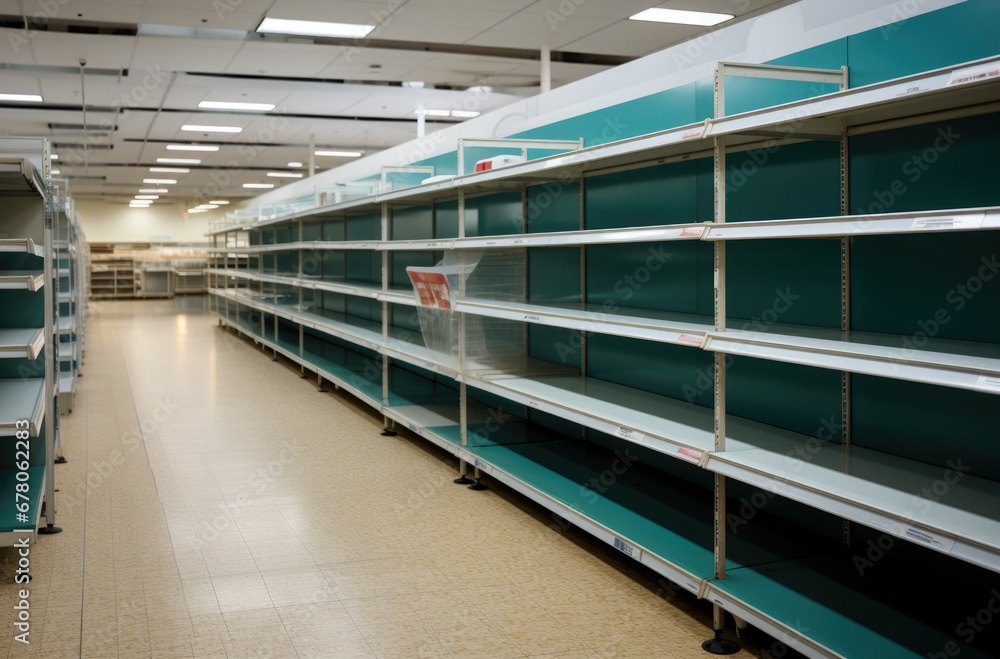Supermarket with empty shelves for goods. Concept: sale and demand for ...