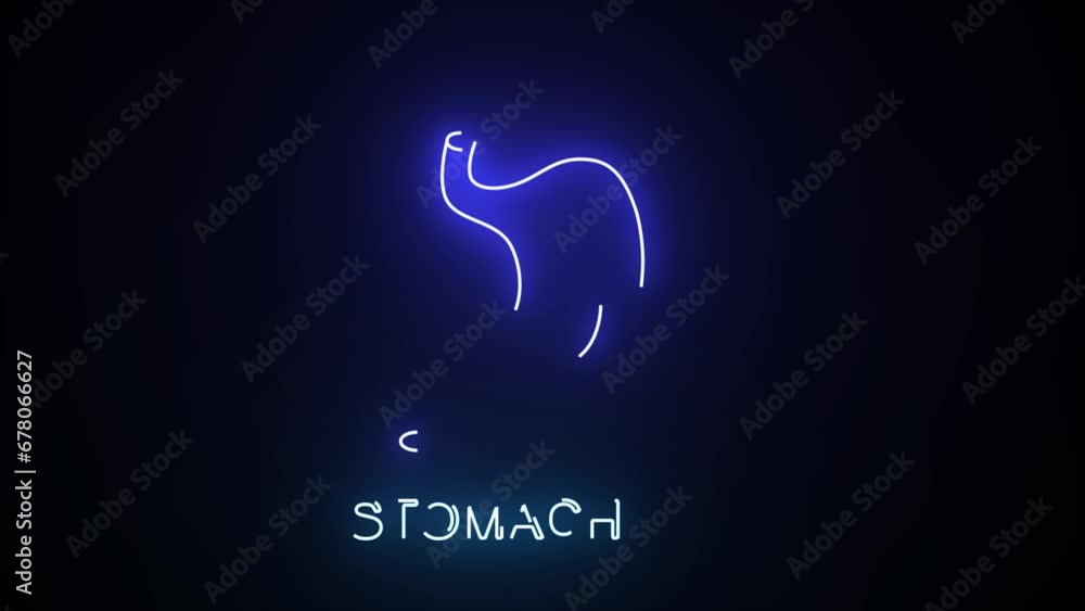 Glowing blue neon line A human stomach icon is isolated on a black ...