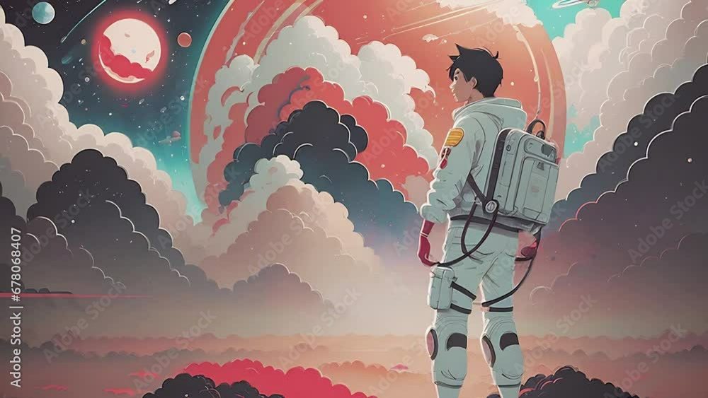 Astronaut exploring an alien planet, surrealistic animation. Dreamy ...