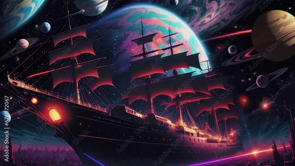 Vidéo Stock Futuristic cosmic animation with sailing ship flies in ...