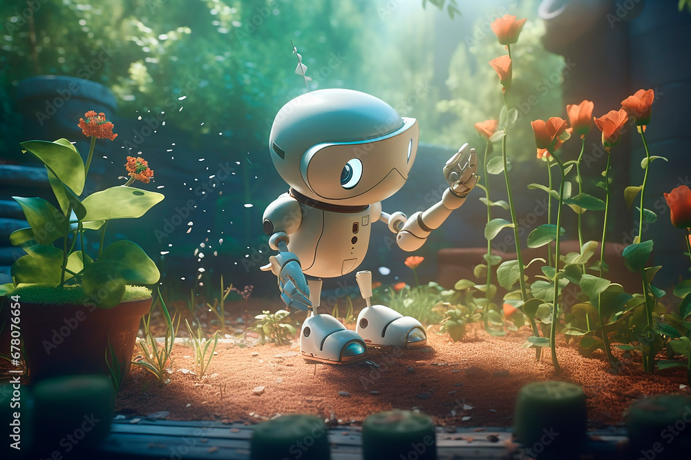 render in comic style of friendly ai robot doing gardening Stock ...