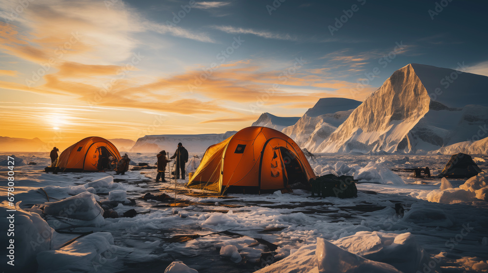 Glacial Expedition Campsite: Tents set up in a glacial wilderness ...
