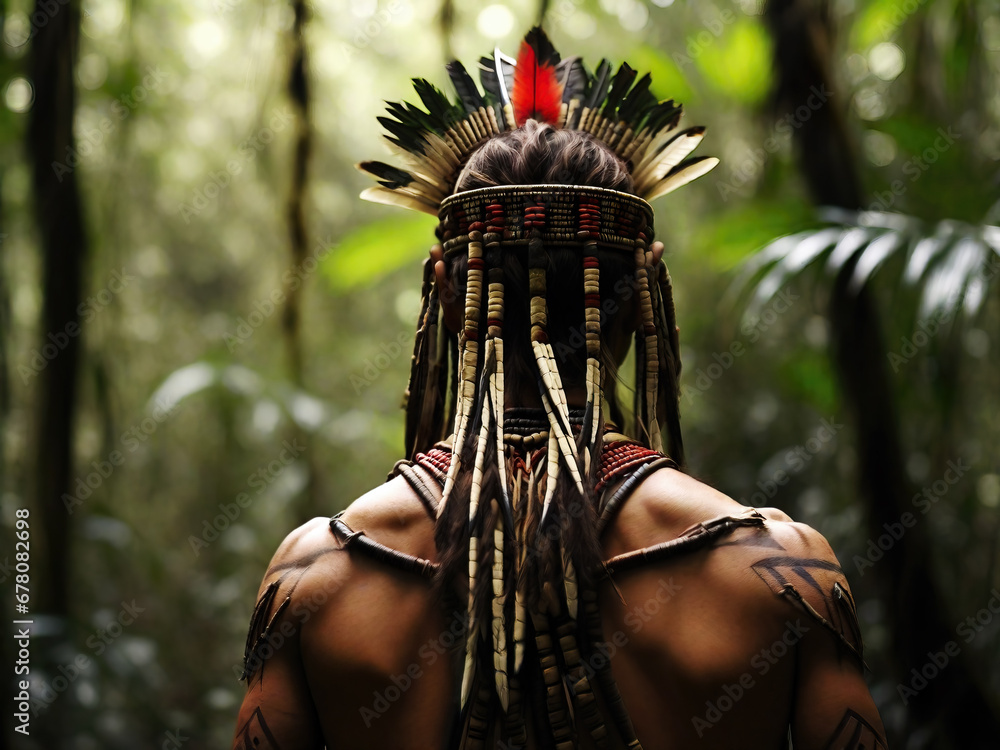 Native tribe warrior in rainforest jungle, rear view generative ai ...