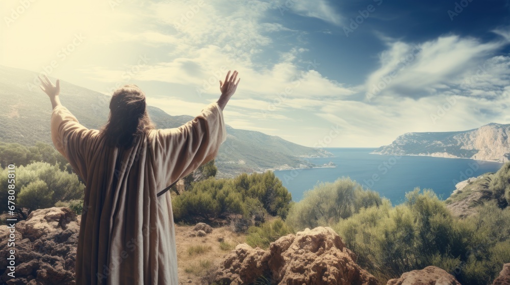 Old prophet in robe with beard prays smiling with widely spread arms ...