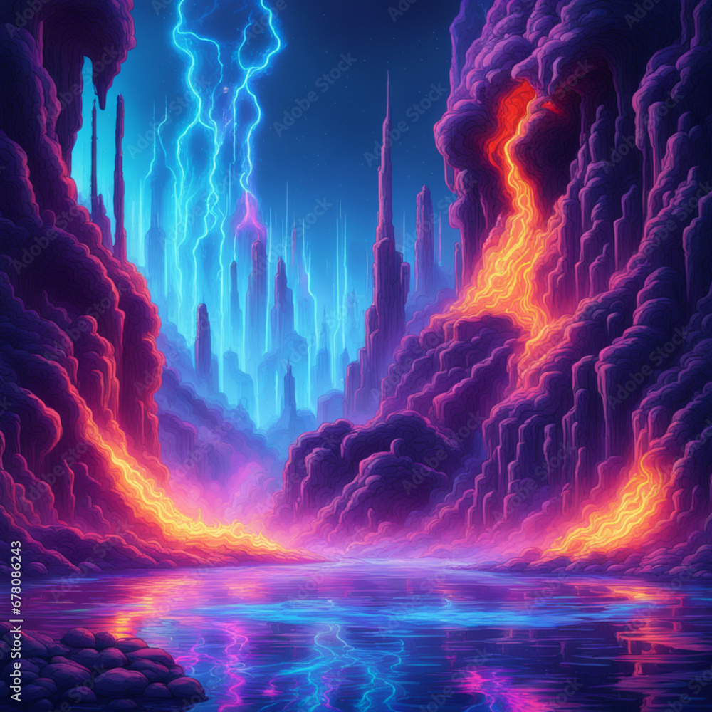 Fantasy world background of the hyperreal city of Fire and water. Stock ...