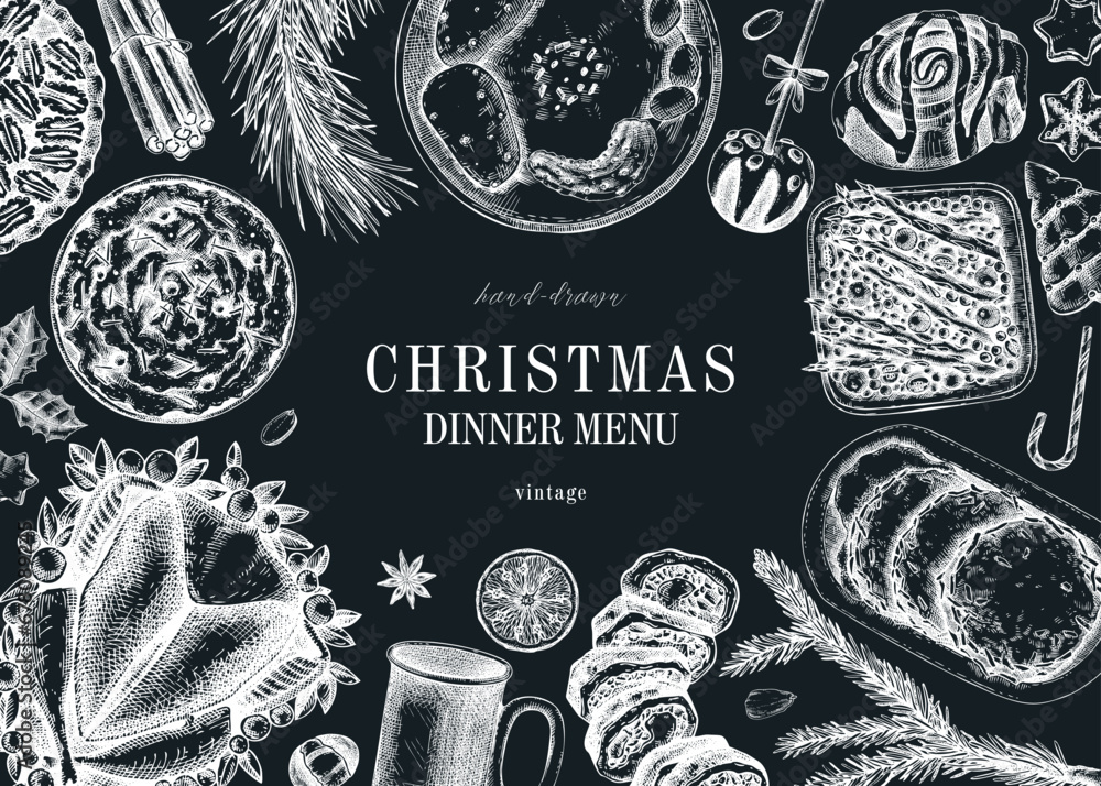 Christmas food background. Family dinner. Winter holiday menu ...