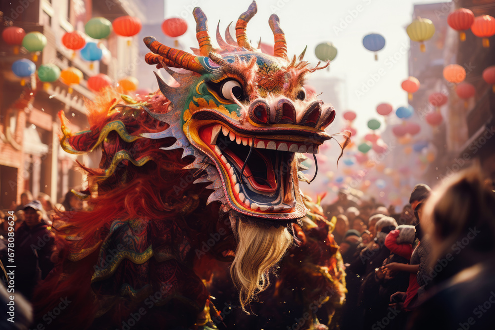 A festive image capturing a vibrant dragon parade during Chinese New ...