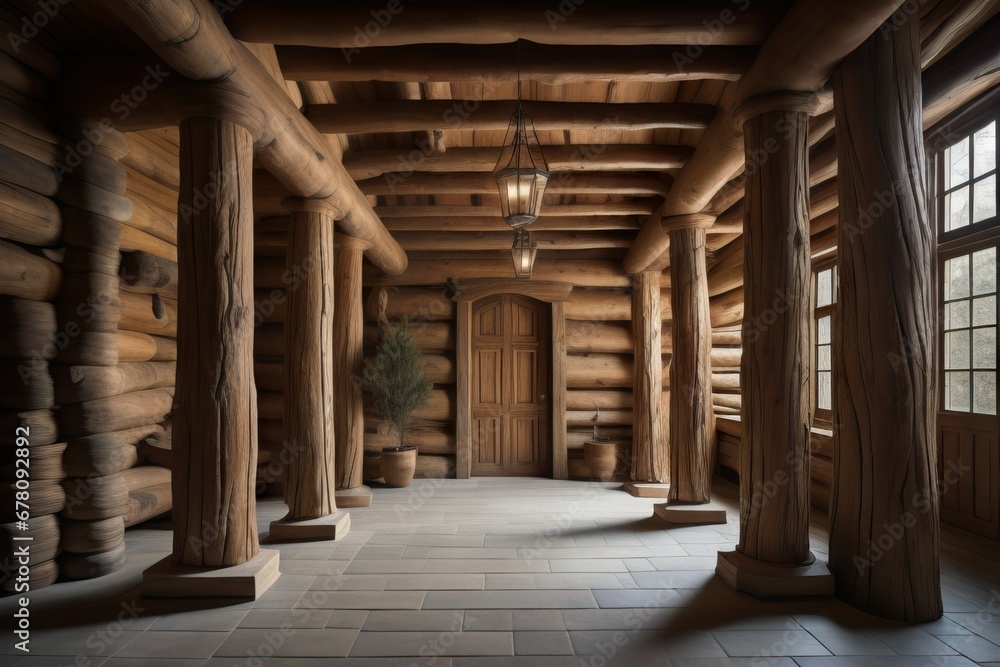 Tree trunk columns in rustic interior design of modern entrance hall ...