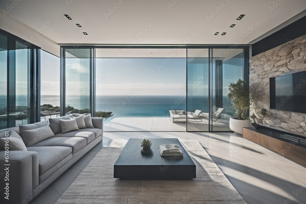 Luxury villa with terrace and floor to ceiling panoramic window with ...