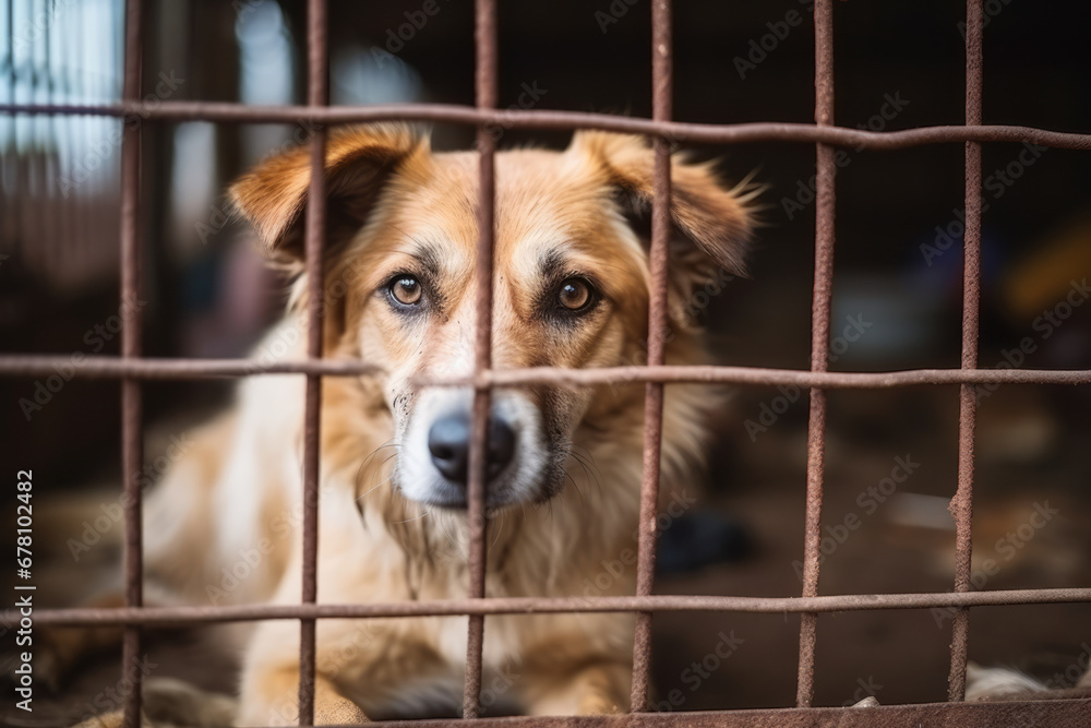 Stray homeless dog in animal shelter cage with a sad abandoned hungry ...