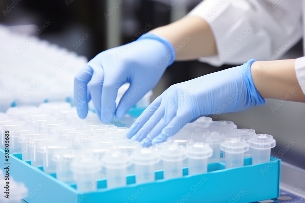 Laboratory assistant at pharmaceutical factory packs medicaments in ...