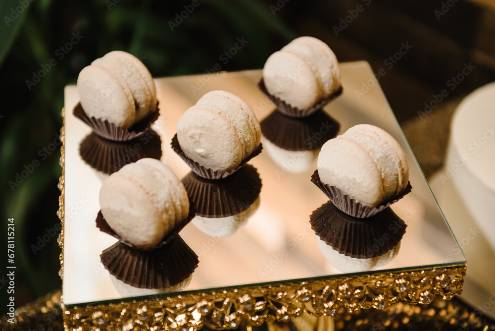 Macaroons. Candy bar on wedding banquet, birthday party, baptism close ...