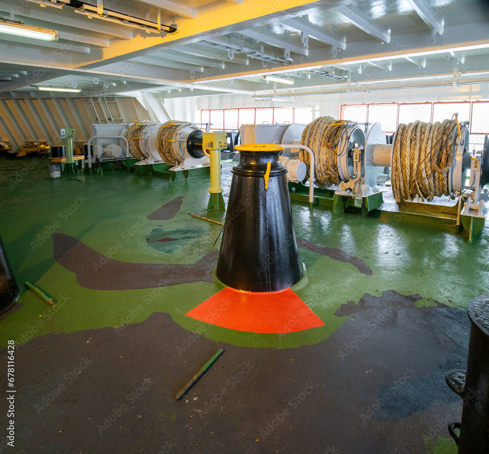 Aft mooring station situated on stern part of container ship behind ...