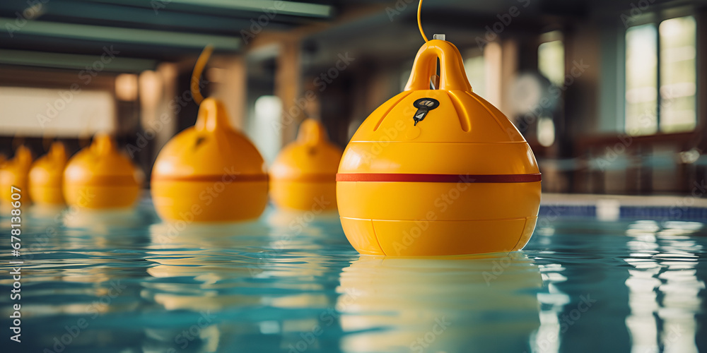 Many yellow buoys floating in water with maintain the line with blur ...