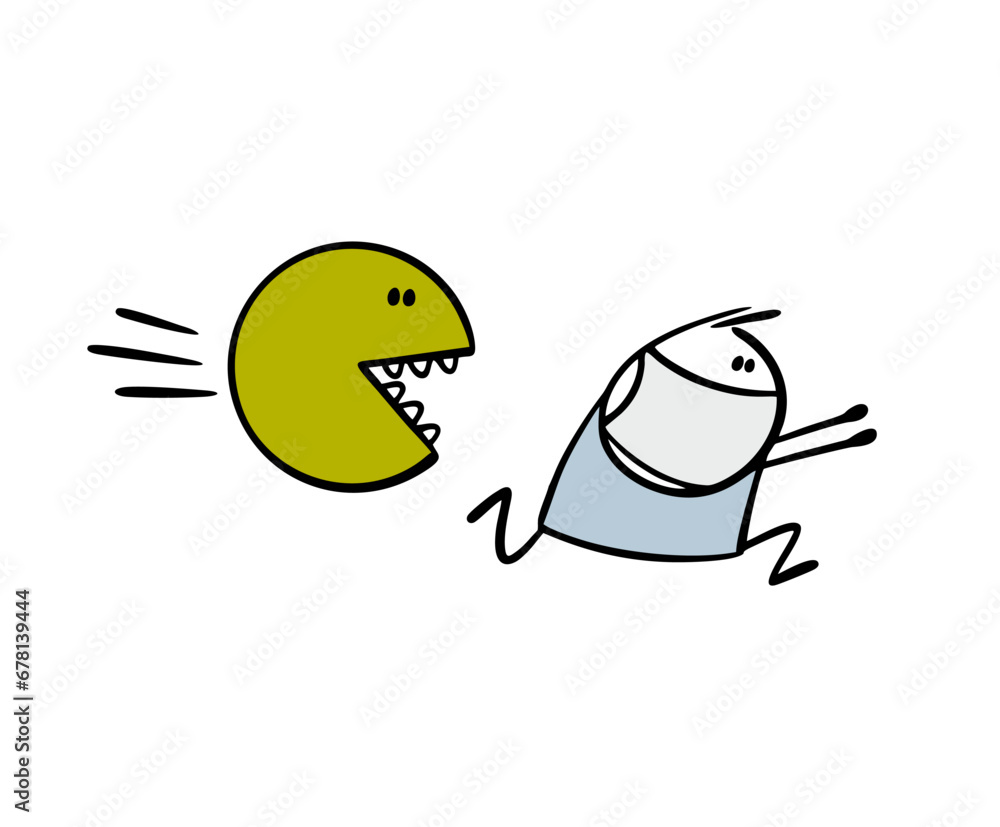 Scared cartoon stickman in medical mask runs in horror from funny ...