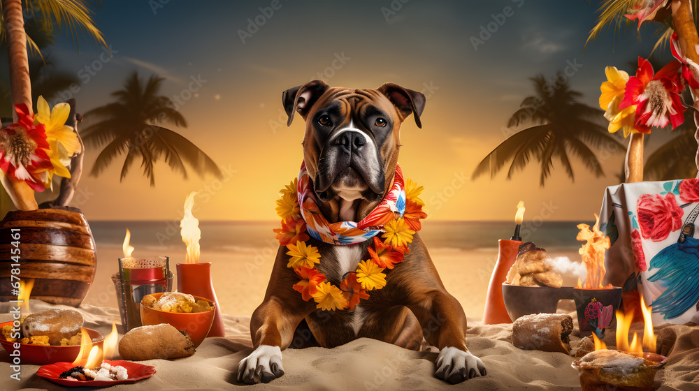 Tropical Beach Luau Party Theme with Dog Wearing Lei and Hawaiian Shirt ...