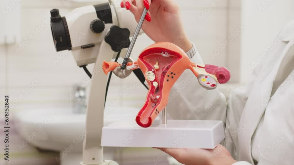 A gynecologist explains female diseases to a patient using a plastic ...
