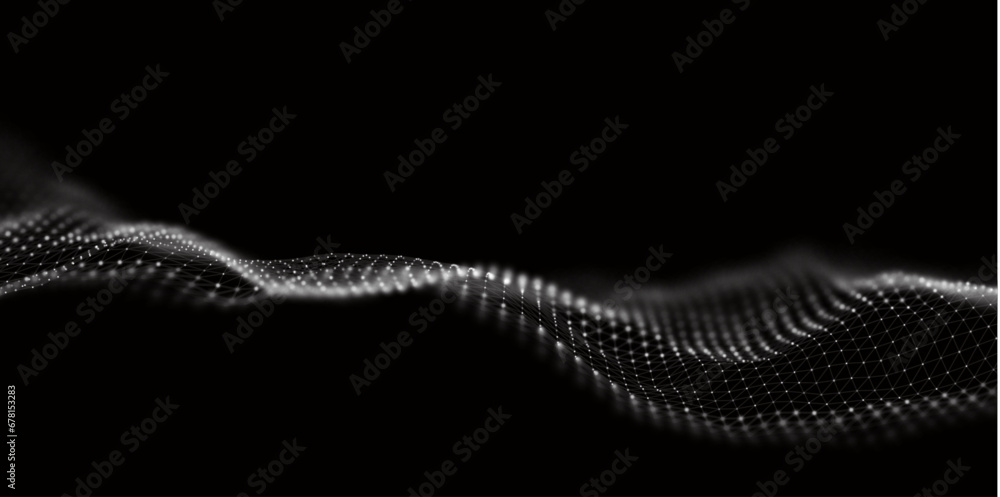 Wave of white particles. Abstract technology flow background. Sound ...
