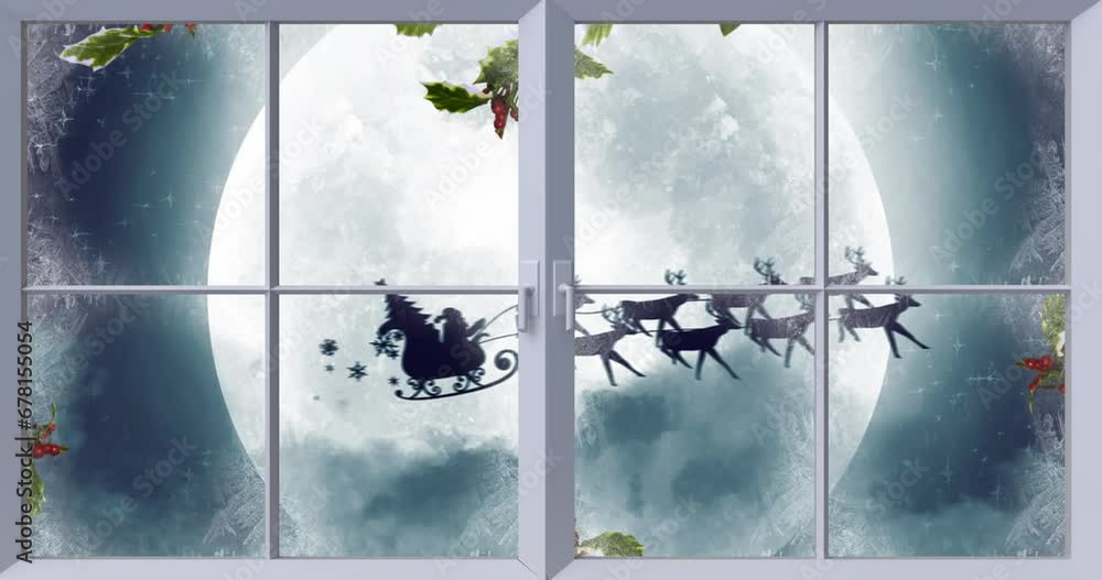 Animation of view of santa claus in sleigh pulled by reindeers and moon ...