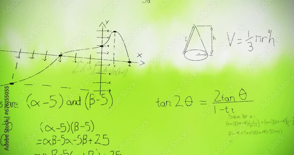 Animation of mathematical equations and diagrams floating against green ...