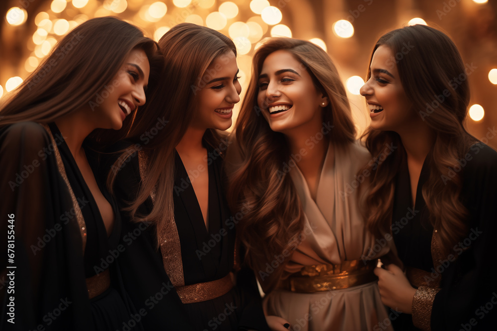 Group of Saudi Arabian young woman, elegantly dressed in traditional ...