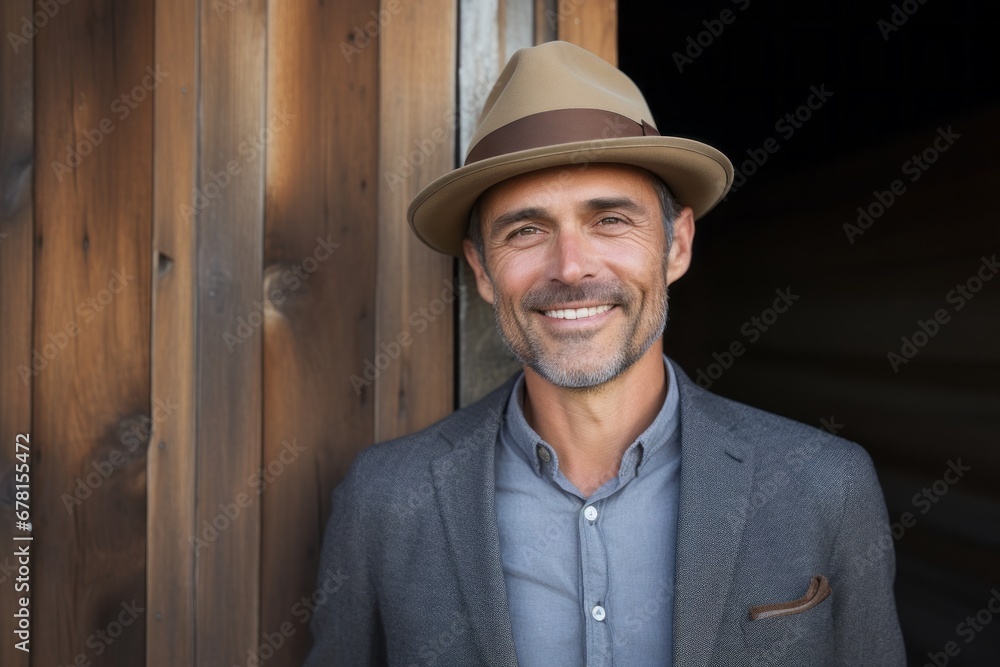 Portrait of a smiling man in his 50s donning a classic fedora against a ...