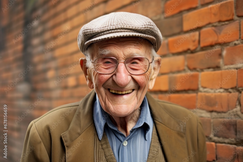 Portrait of a cheerful elderly 100 years old man sporting a vented ...
